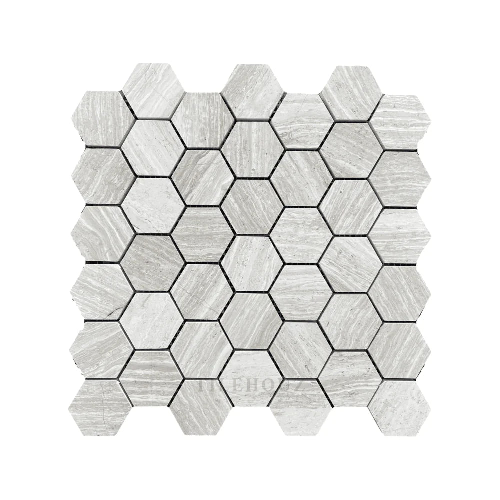 Haisa Light (White Wood) Limestone Mosaic 2" X 2" 3/8 Honed Hexagon Mo ...